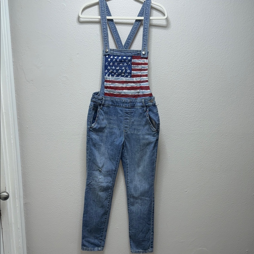 Free People Denim Overalls With Flag Design - Gem